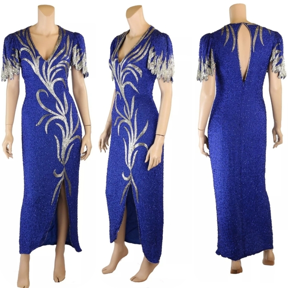 Niteline | Dresses | Niteline Vintage 8s Blue Silver Beaded Silk ...